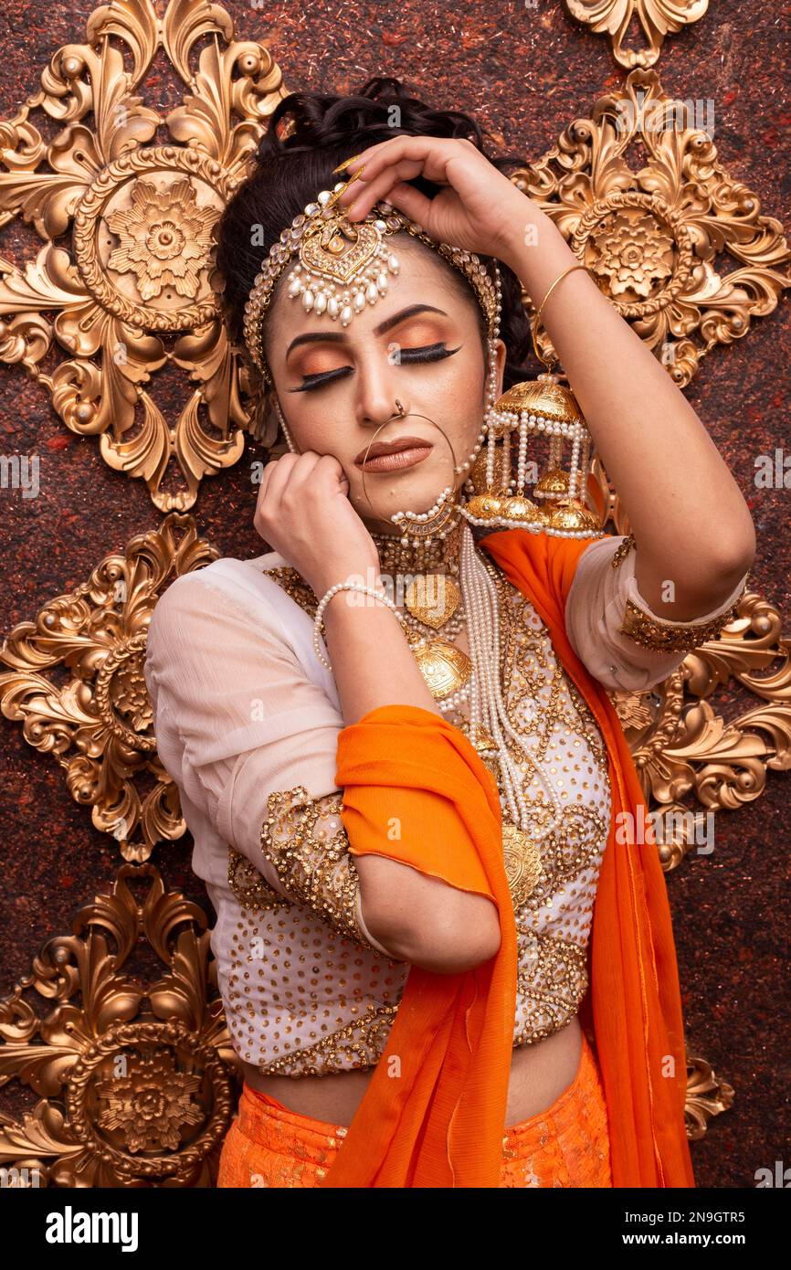 Pakistani. Indian Beautiful bride makeup for saloon shoot Stock Photo ...