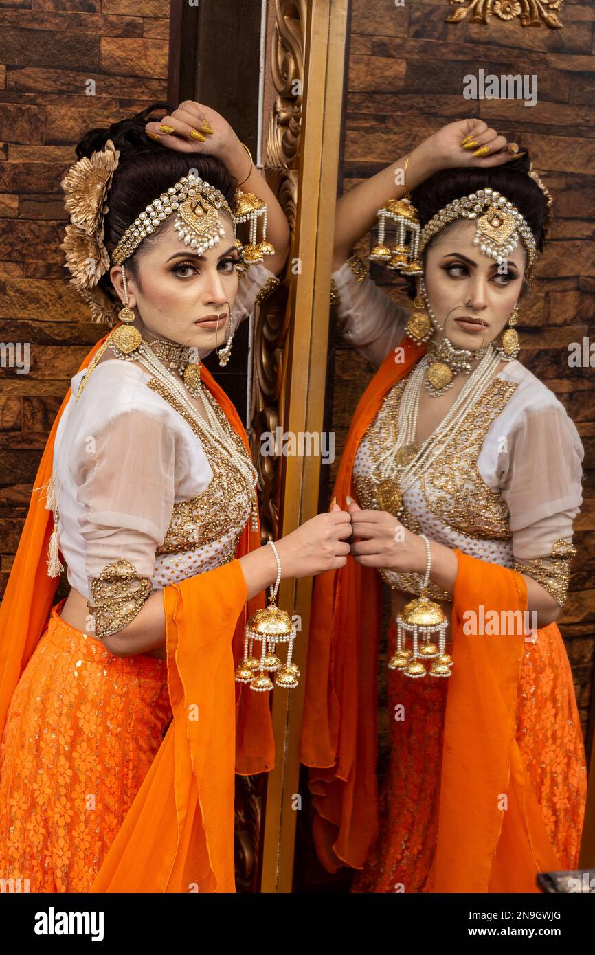 Pakistani. Indian Beautiful bride makeup for saloon shoot Stock Photo ...