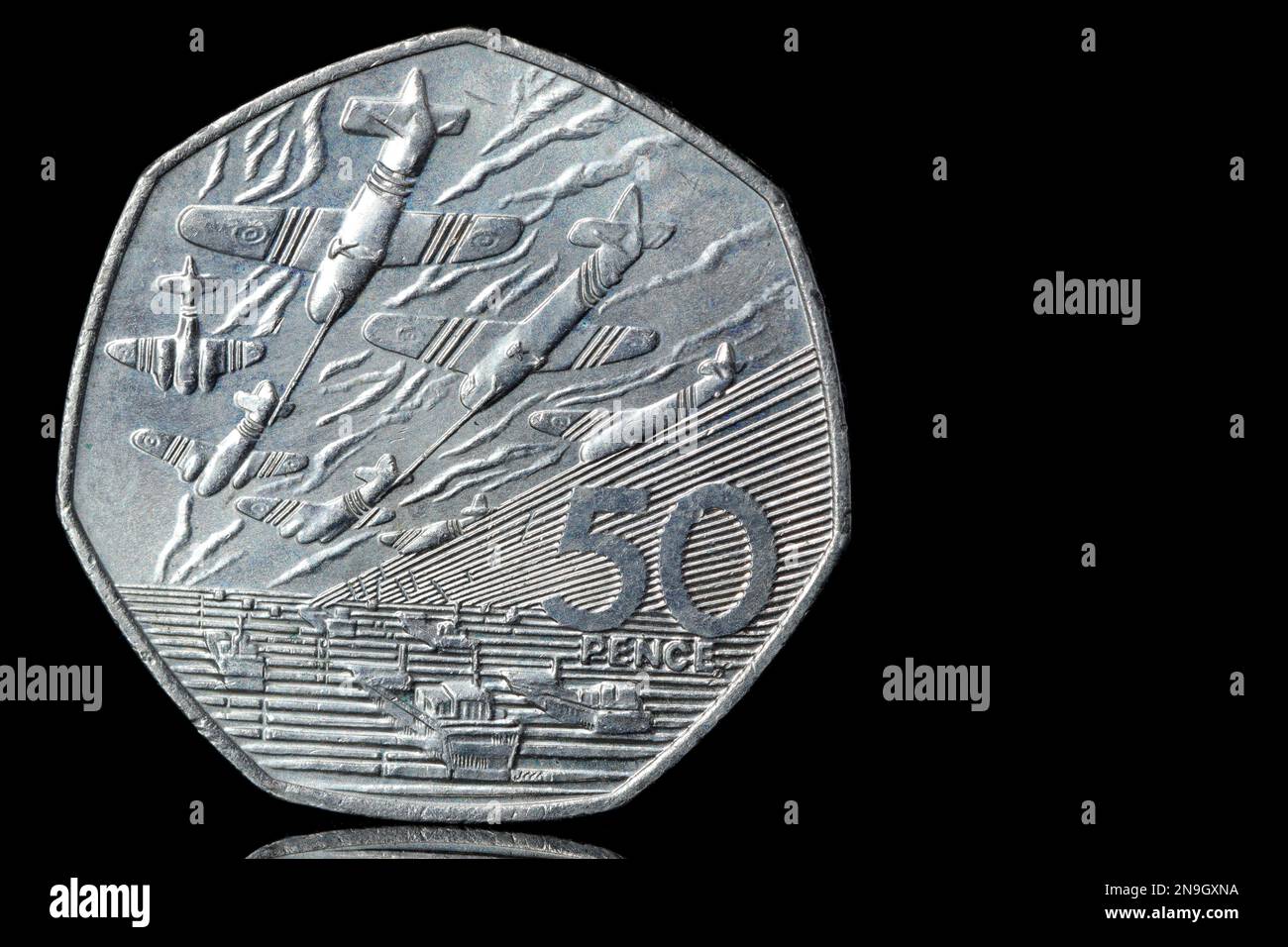 Reverse side of a 1994 50 fifty pence coin commemorating 50 years of ...