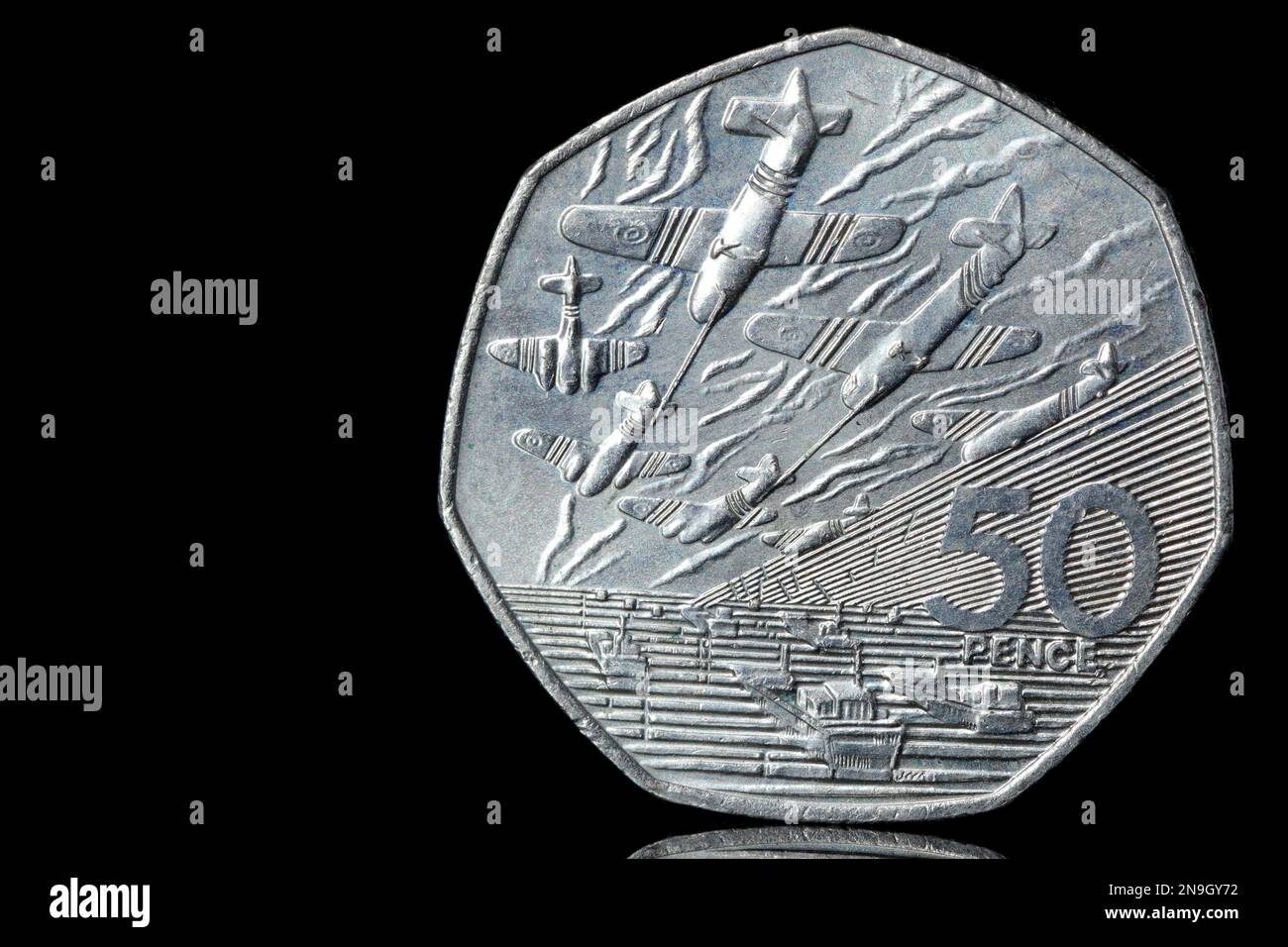 Reverse side of a 1994 50 fifty pence coin commemorating 50 years of ...