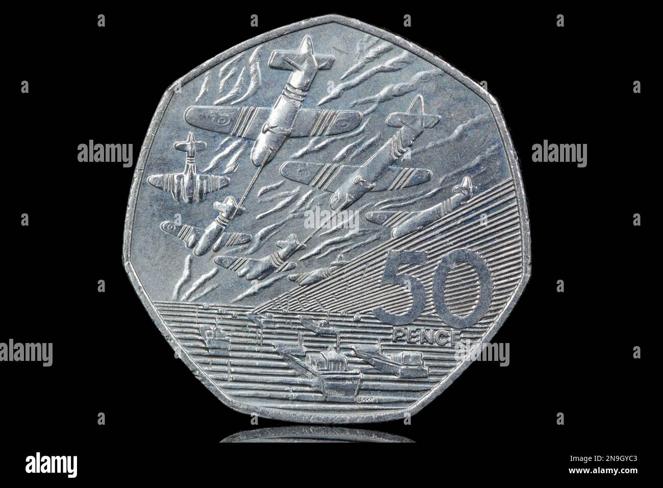 Reverse side of a 1994 50 fifty pence coin commemorating 50 years of ...
