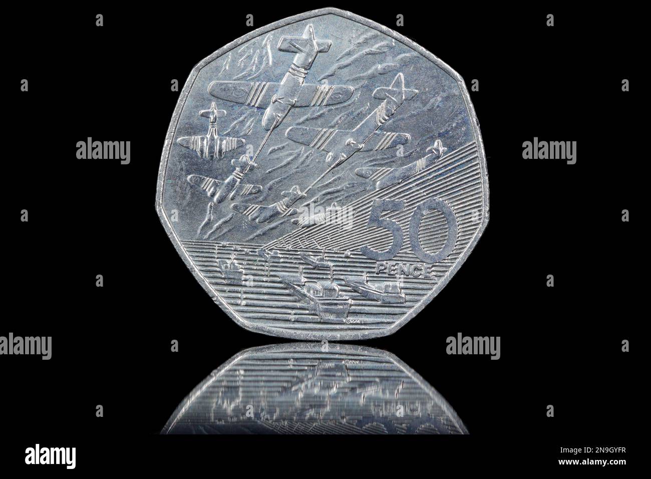 Reverse side of a 1994 50 fifty pence coin commemorating 50 years of the D-Day landings in ...