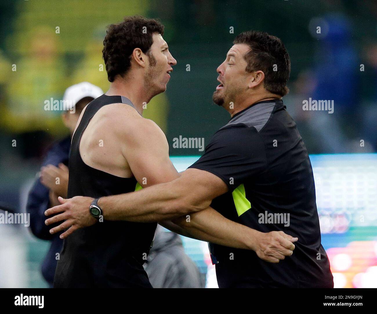 Lance Brooks, left, and Jarred Rome celebrate after finishing the men's ...