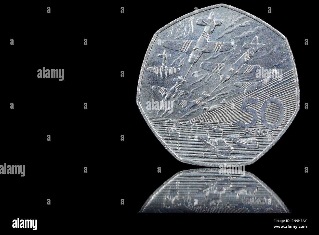 Reverse side of a 1994 50 fifty pence coin commemorating 50 years of ...