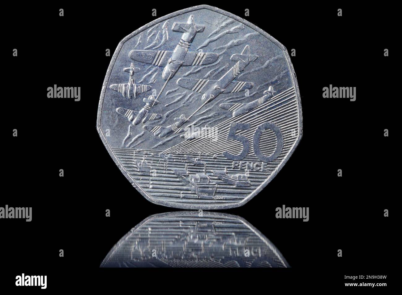 Reverse side of a 1994 50 fifty pence coin commemorating 50 years of ...