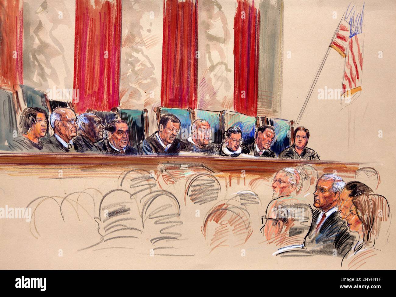 This artist rendering shows Chief Justice John Roberts, center ...