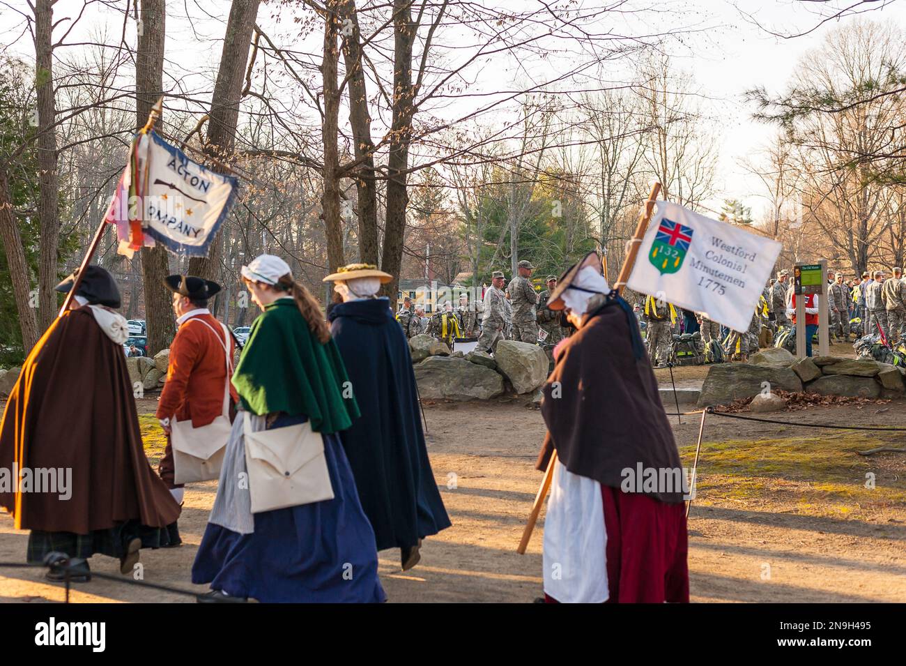 Revolutionary War reenactors walking by Tough Ruck at Minuteman ...