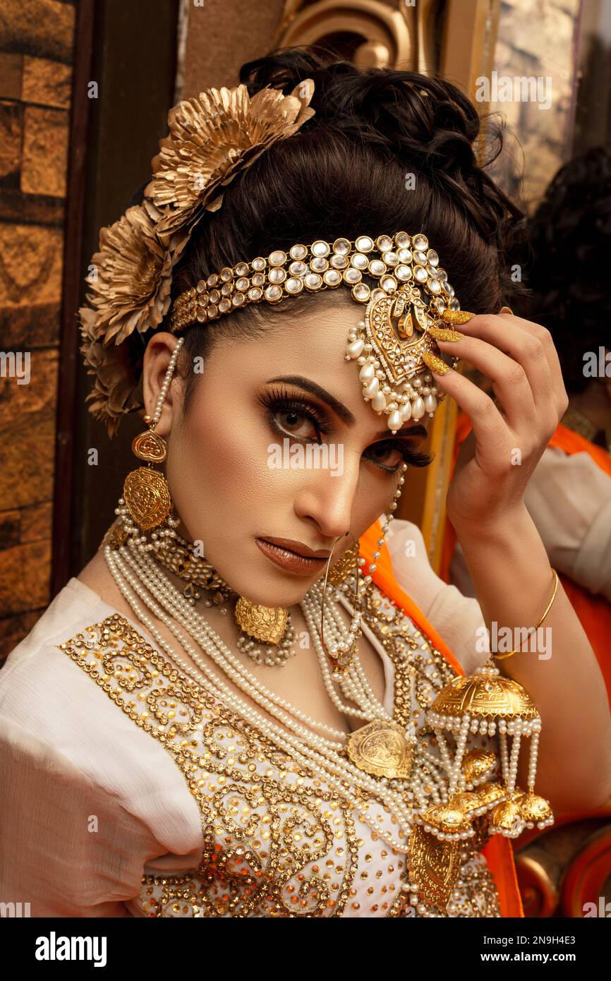 Pakistani. Indian Beautiful bride makeup for saloon shoot Stock Photo ...