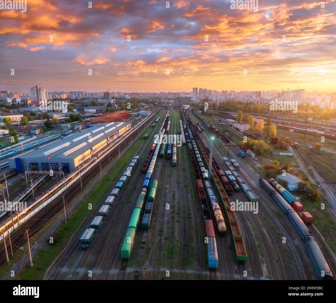 Aerial view of freight trains at sunset. Railway cargo wagons Stock ...