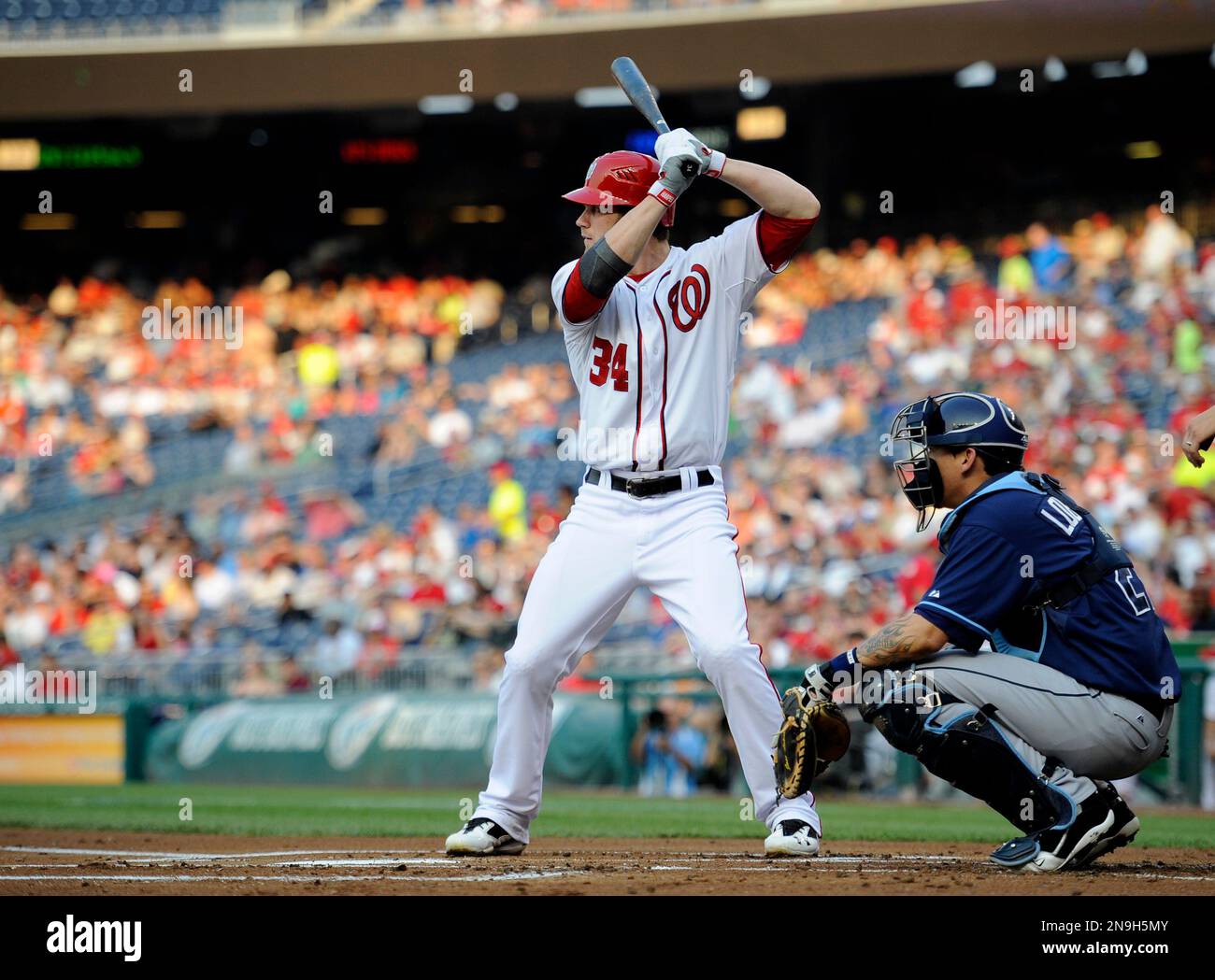 Washington Nationals' Bryce Harper (34) bats as Tampa Bay Rays catcher ...