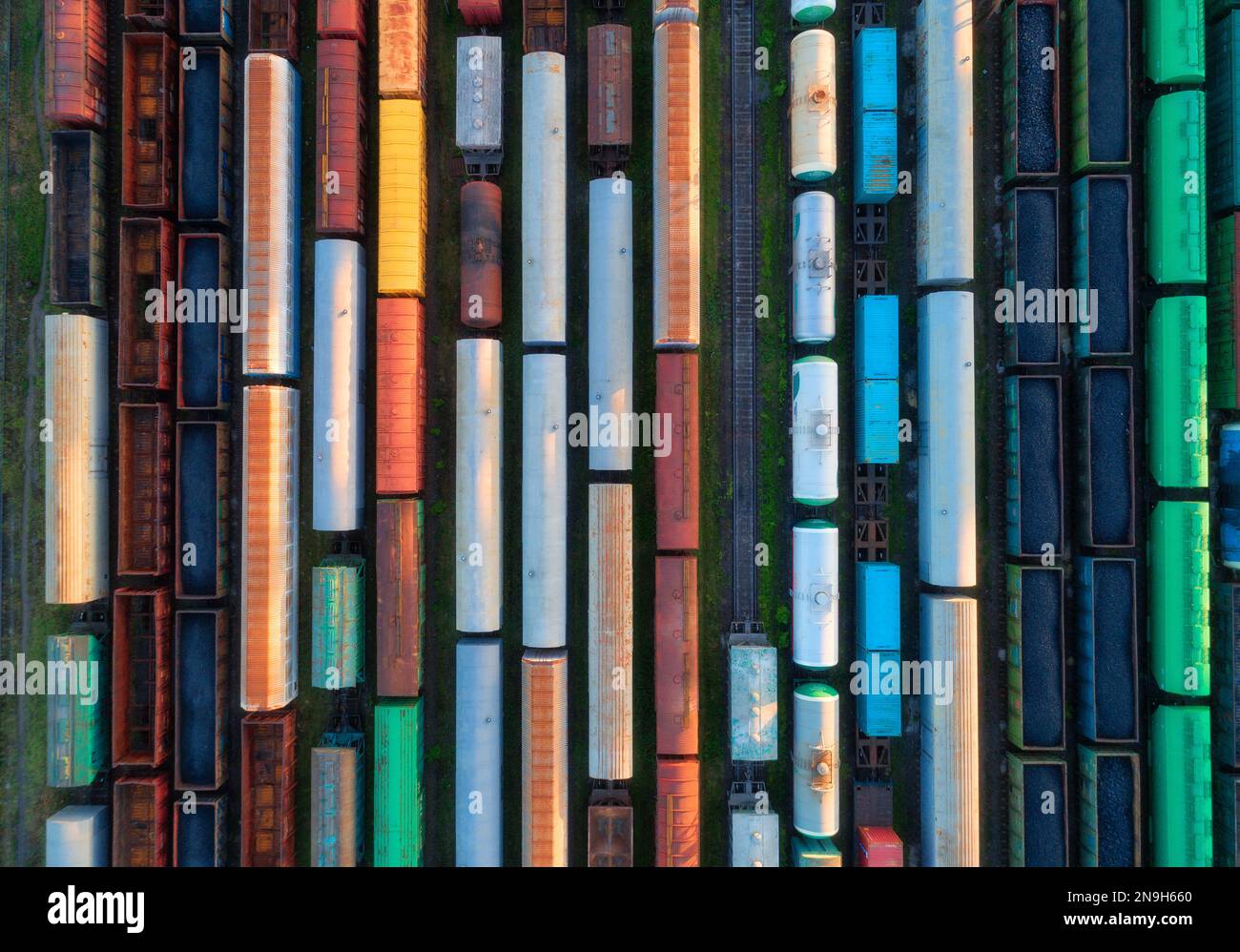 Aerial view of freight trains at sunset. Top view Stock Photo - Alamy