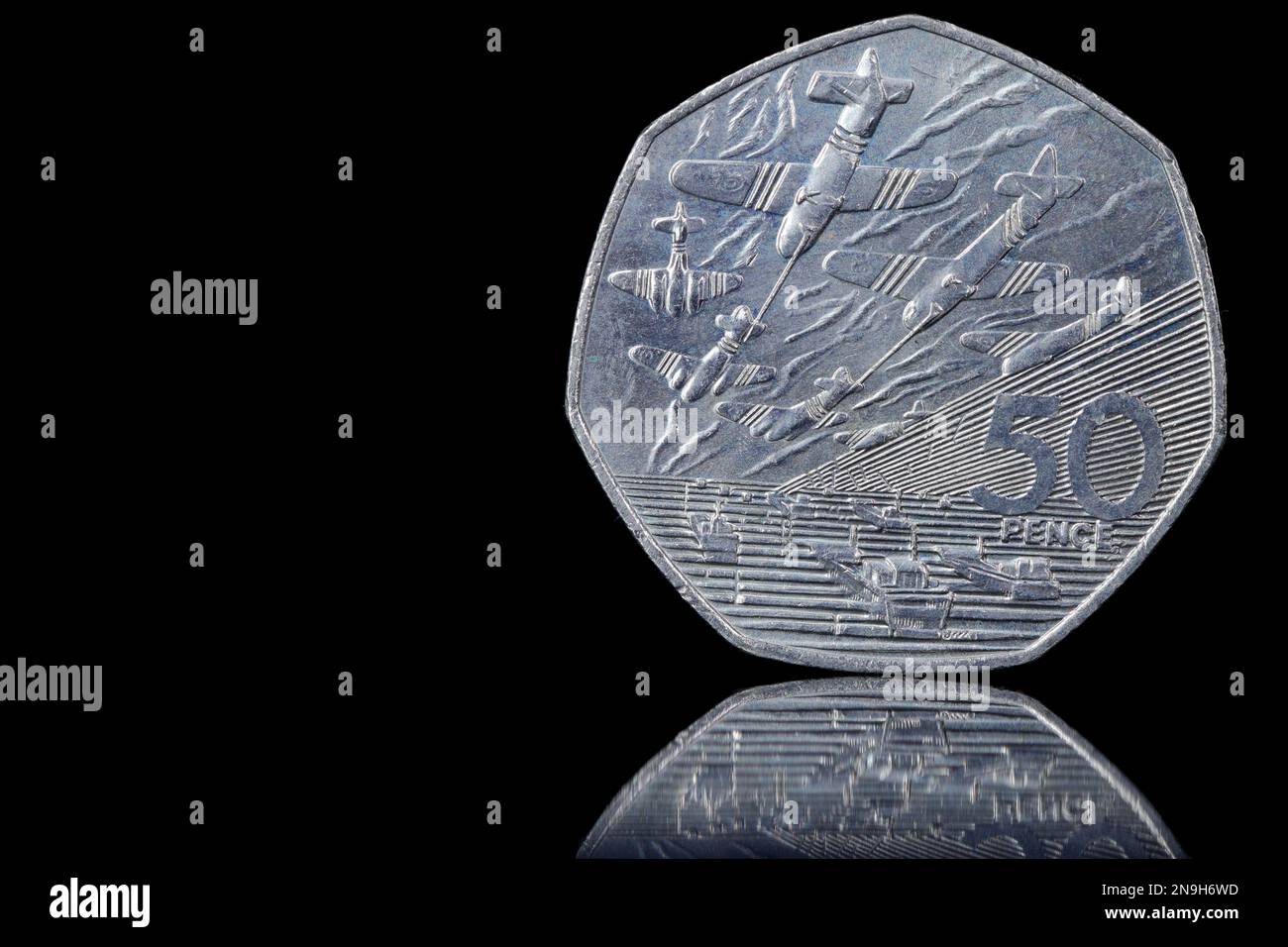 Reverse side of a 1994 50 fifty pence coin commemorating 50 years of ...