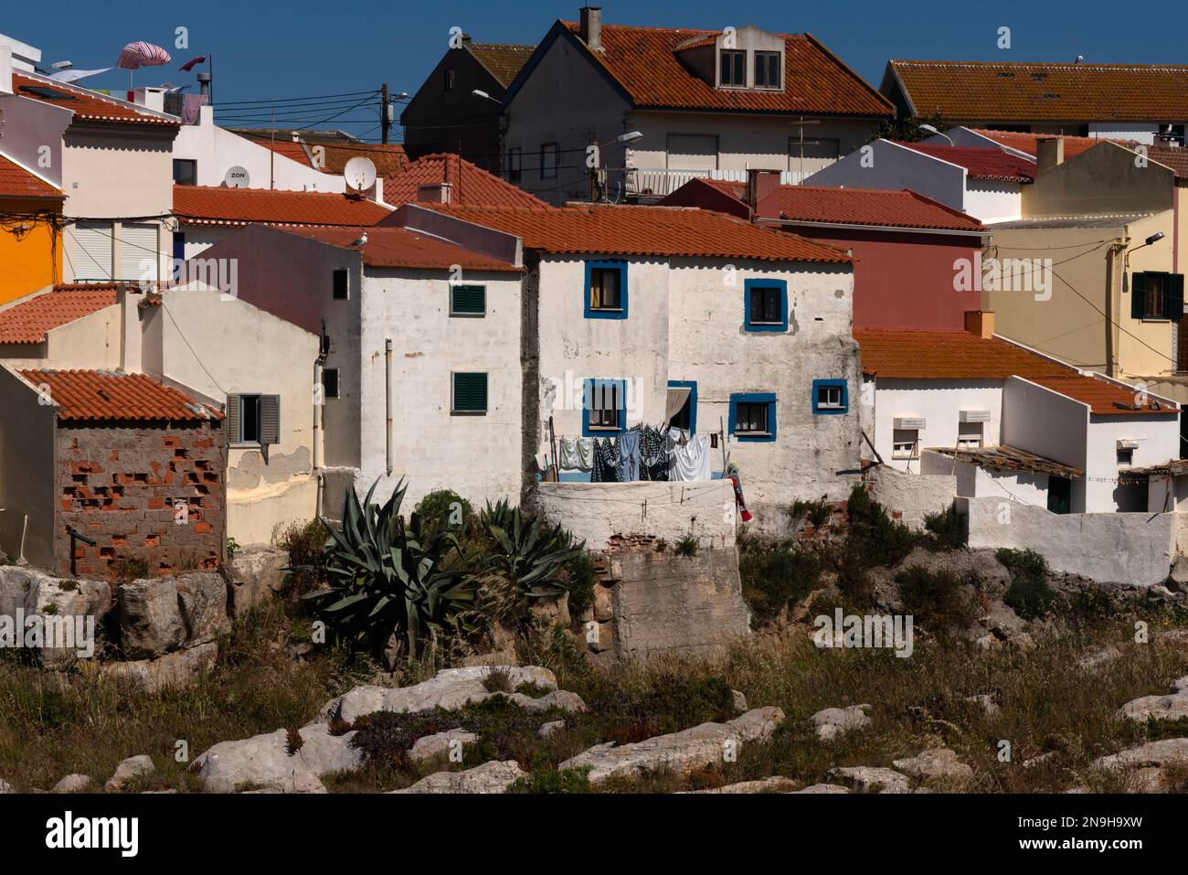 Traditional blue-bordered windows stand out amidst the colourful modern ...