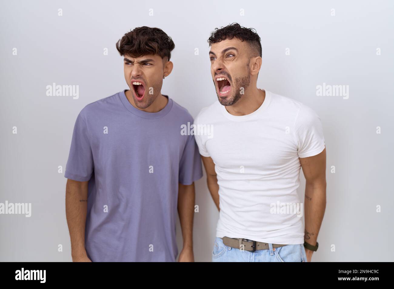 Homosexual gay couple standing over white background angry and mad ...