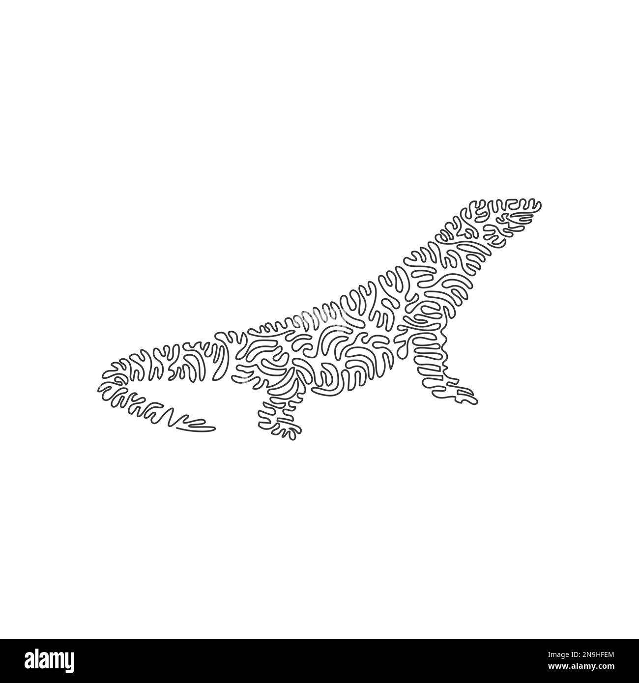 Single one line drawing of creepy komodo dragon abstract art ...