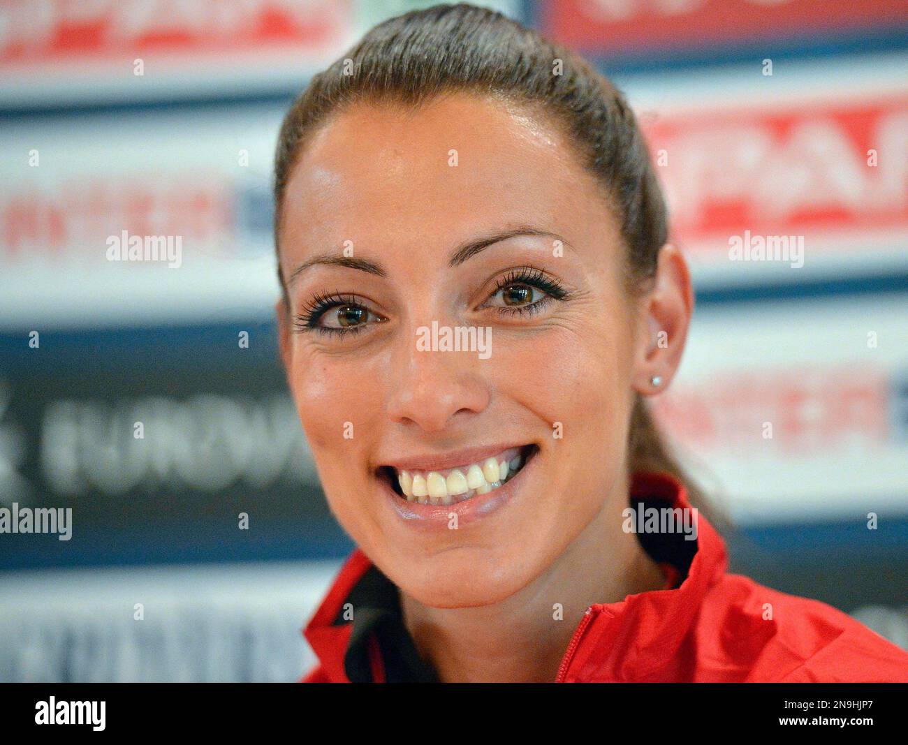 Bulgaria's sprinter Ivet Lalova smiles during a press conference at the ...