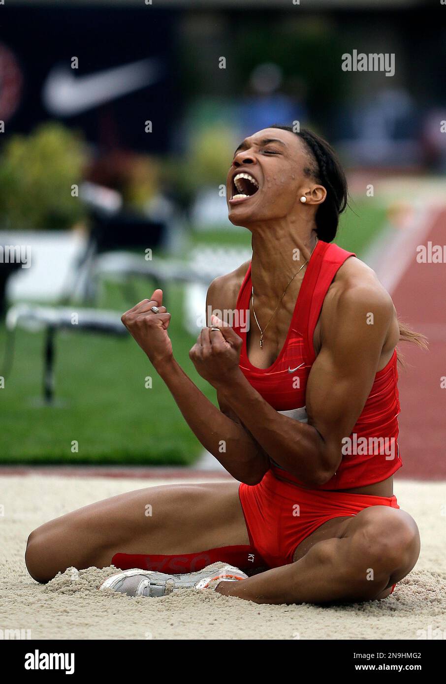 Sheena Gordon reacts after a jump in the women's triple jump finals at ...