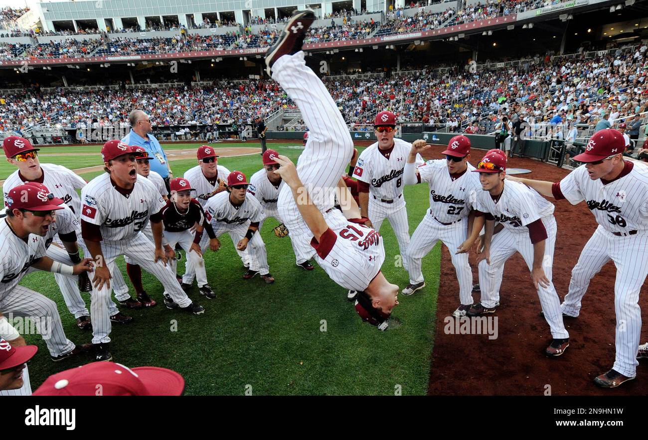 South Carolina's Nolan Belcher performs his traditional back flip ...