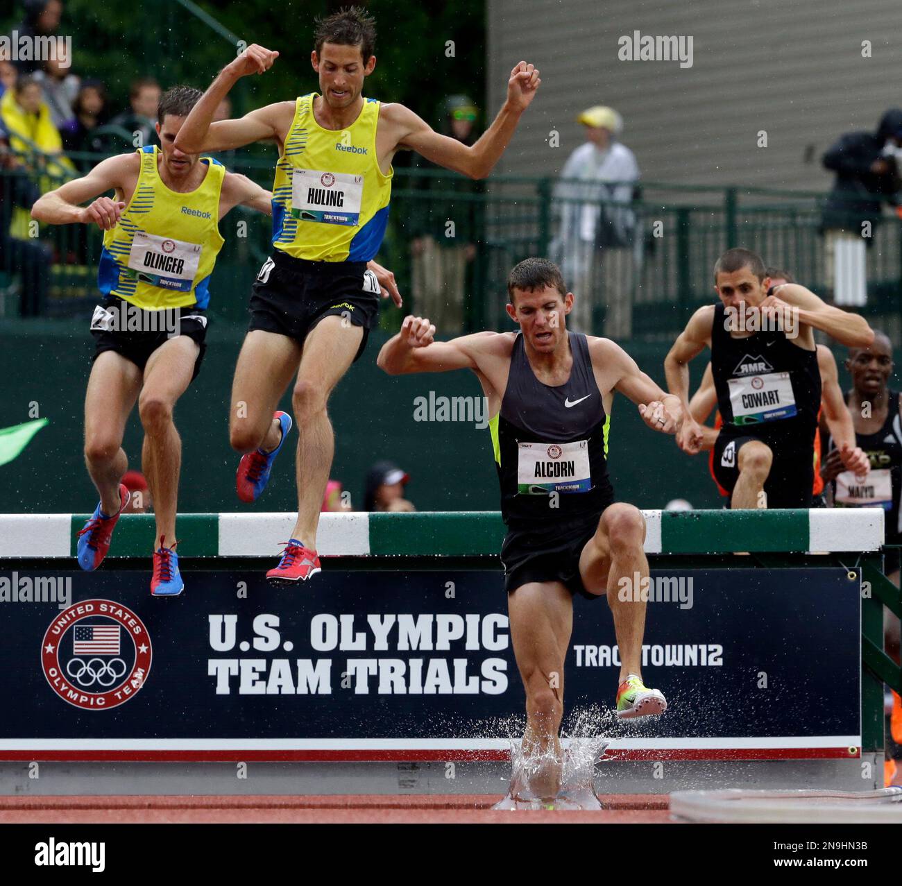Kyle Alcorn leads the way during a men's 3,000m steeplechase ...