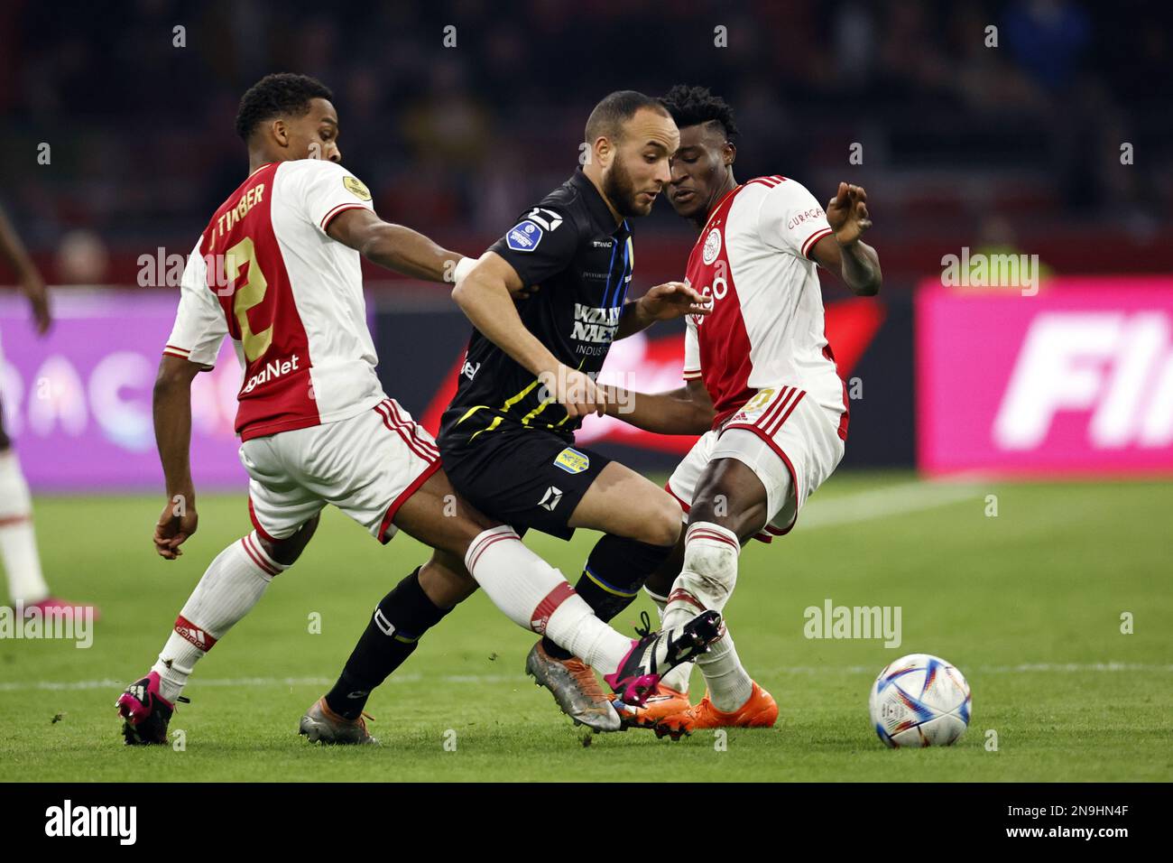 AMSTERDAM - (lr) Jurrien Timber of Ajax, Iliass Bel Hassani of RKC Waalwijk, Mohammed Kudus of ...