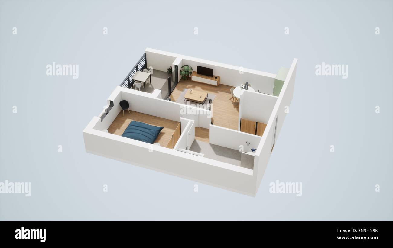 A 3D-rendered illustration of a one-bedroom apartment, room plan ...