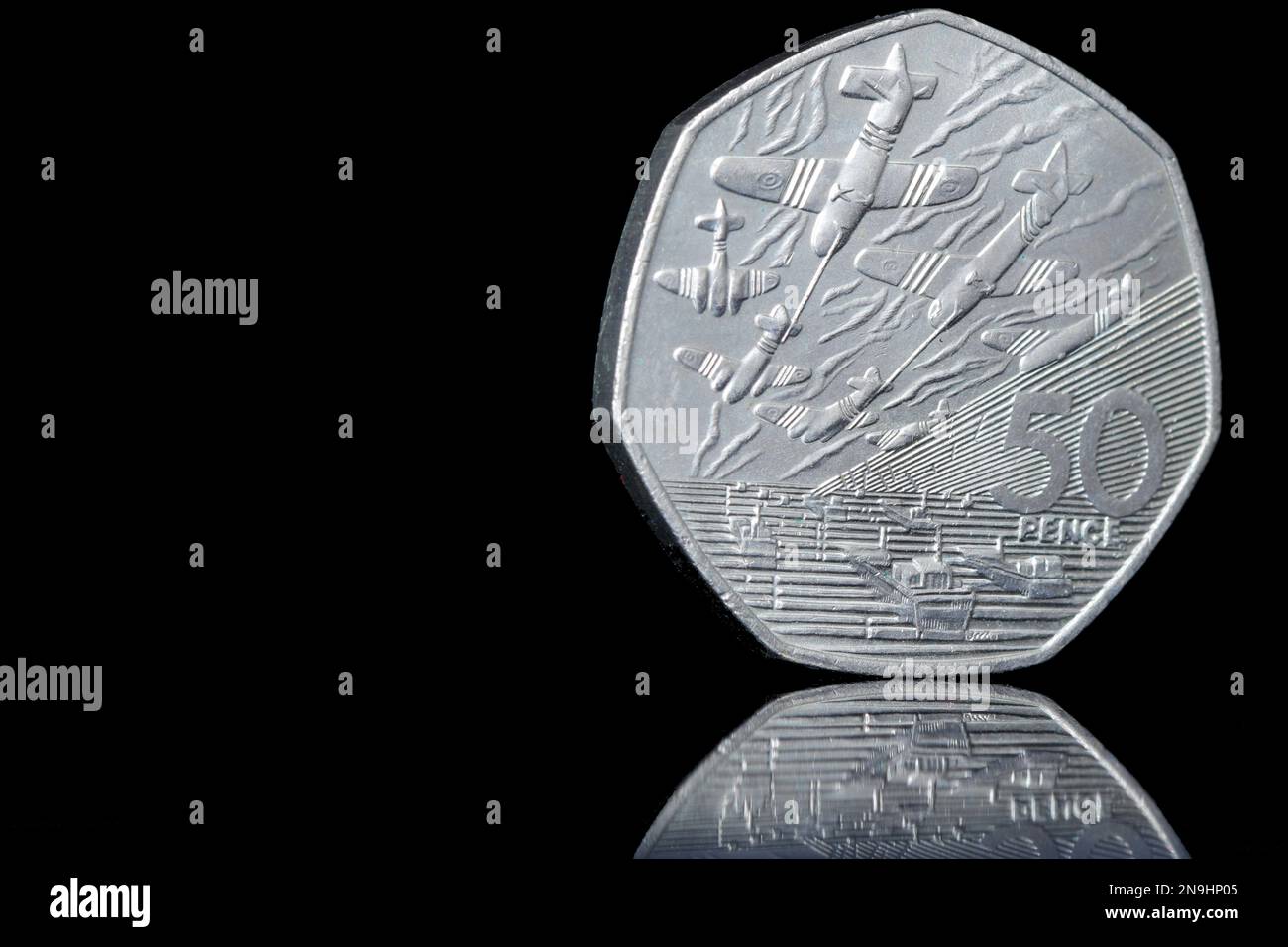 Reverse side of a 1994 50 fifty pence coin commemorating 50 years of ...