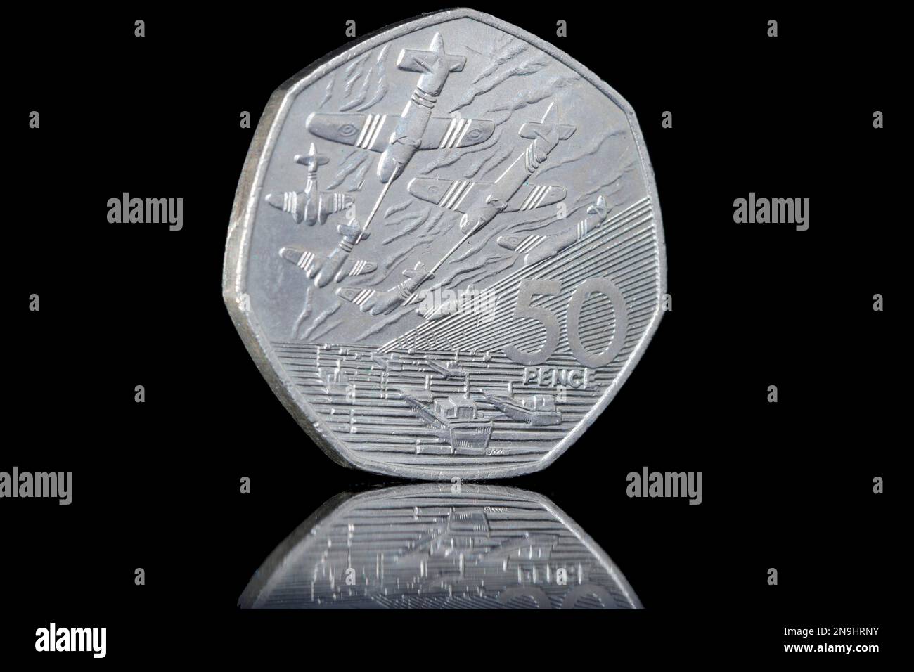 Reverse side of a 1994 50 fifty pence coin commemorating 50 years of ...