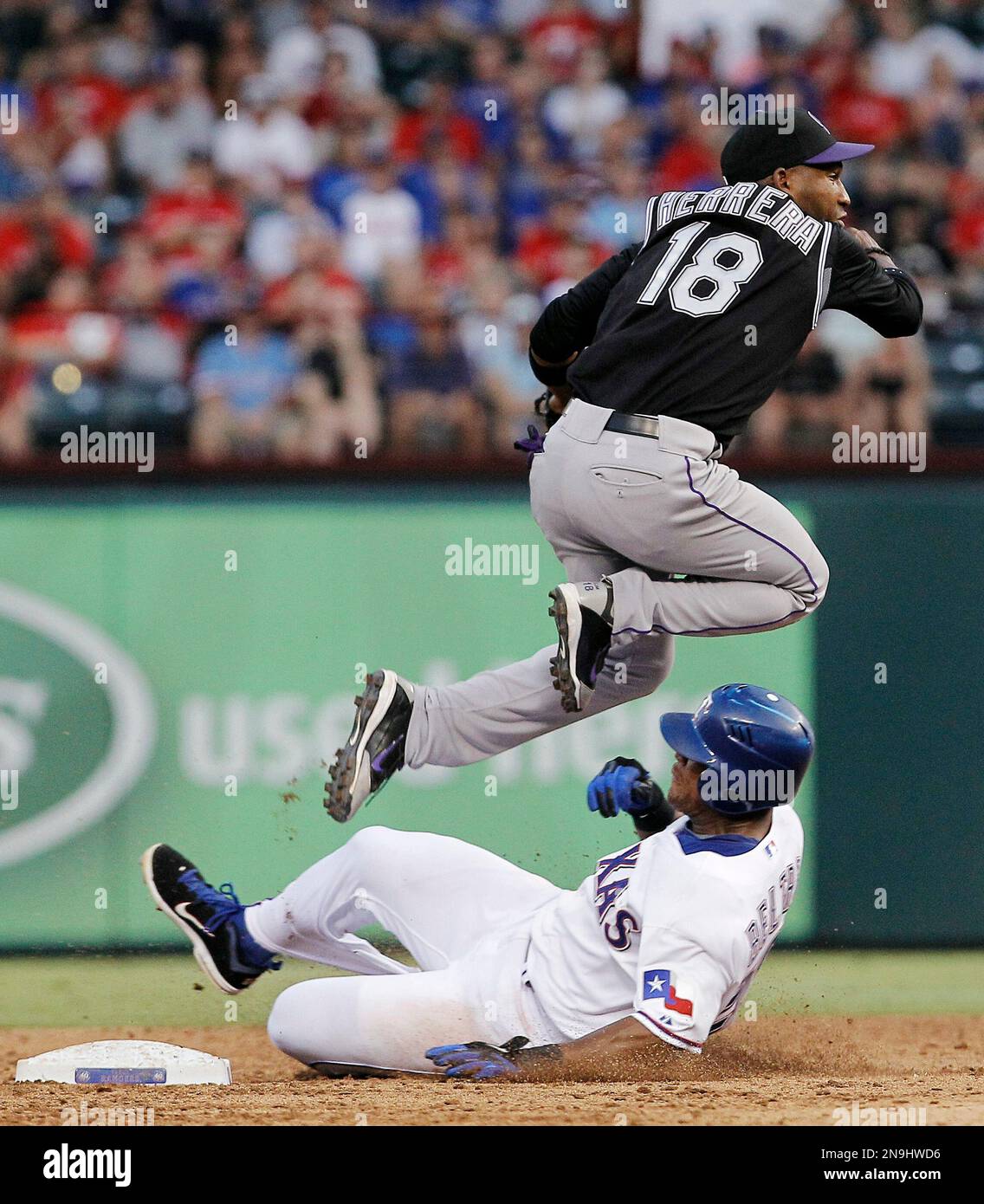 Texas Rangers' Adrian Beltre (29) is forced out at second as Colorado ...