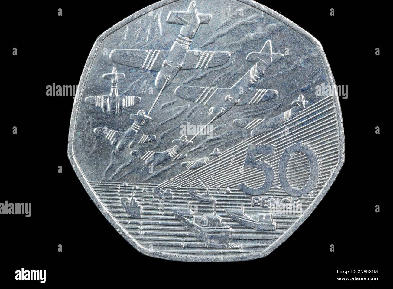 Reverse side of a 1994 50 fifty pence coin commemorating 50 years of ...