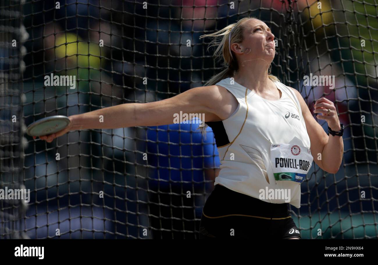 Suzy Powell-Roos competes during the women's discus throw finals at the ...