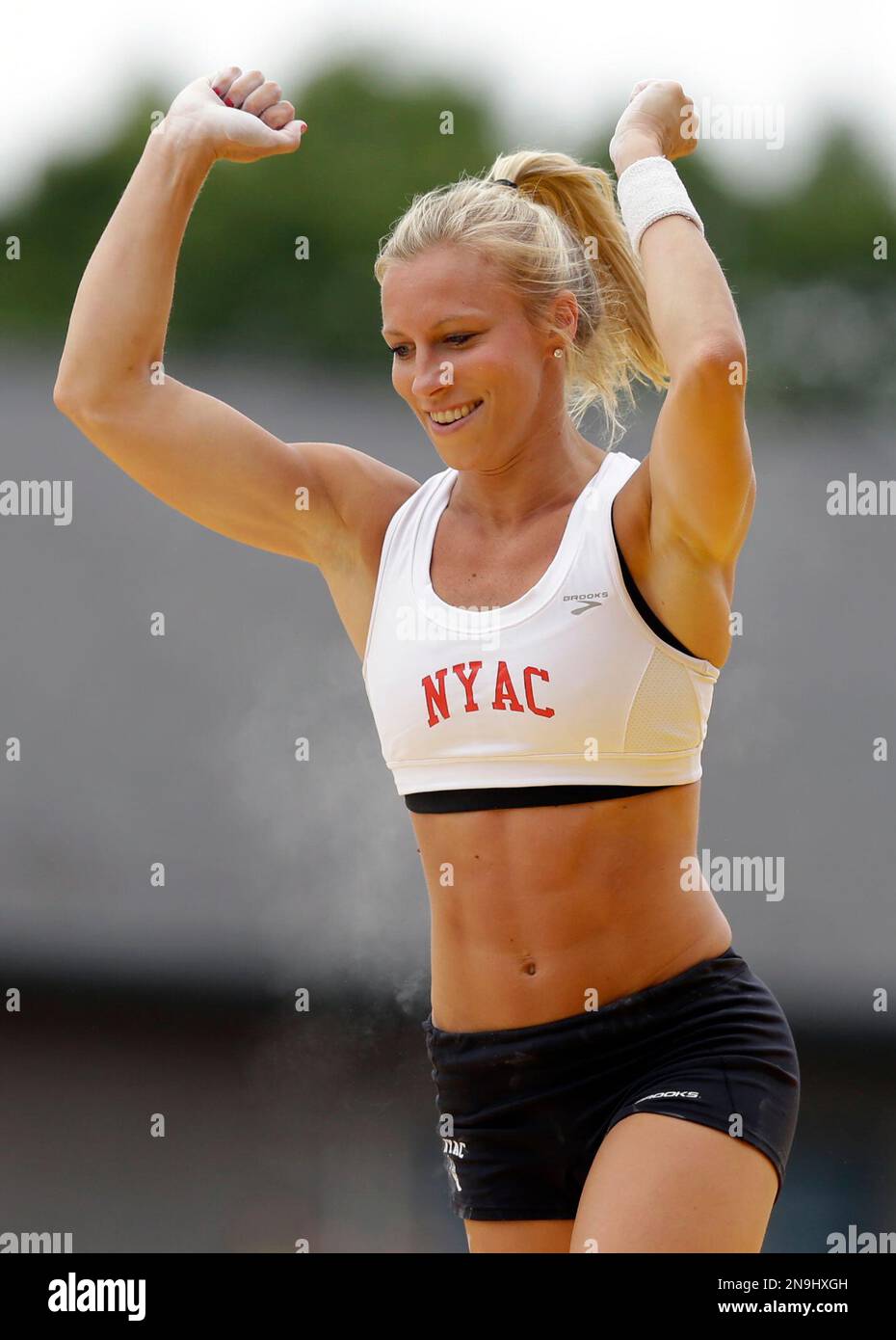 Mary Saxer reacts after a vault in the women's pole vault at the U.S ...
