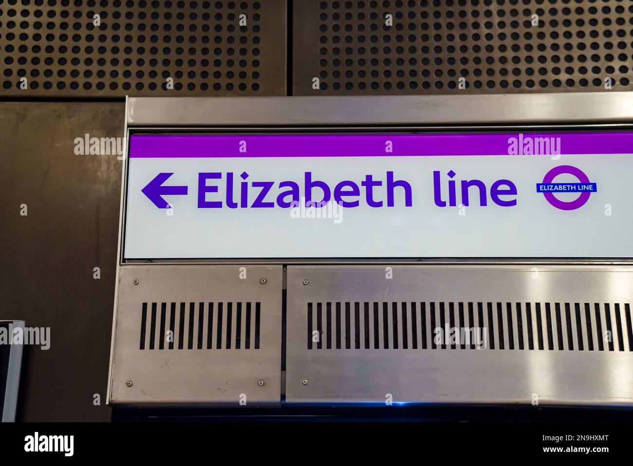 Elizabeth Line text with arrow symbol on metallic board at underground ...