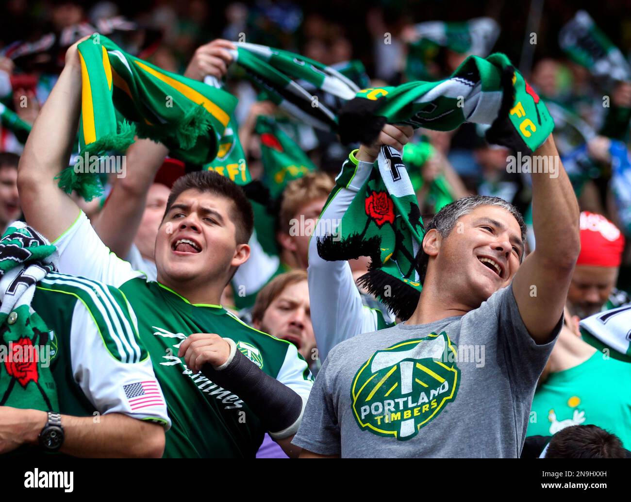 Portland Timbers fans cheer before the start of an MLS soccer game ...
