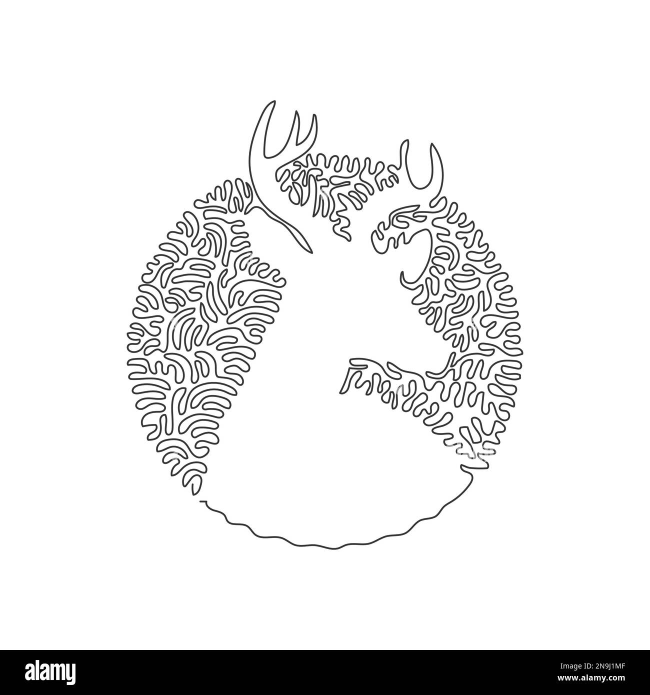 Single one curly line drawing of beautiful deer long antlers abstract ...