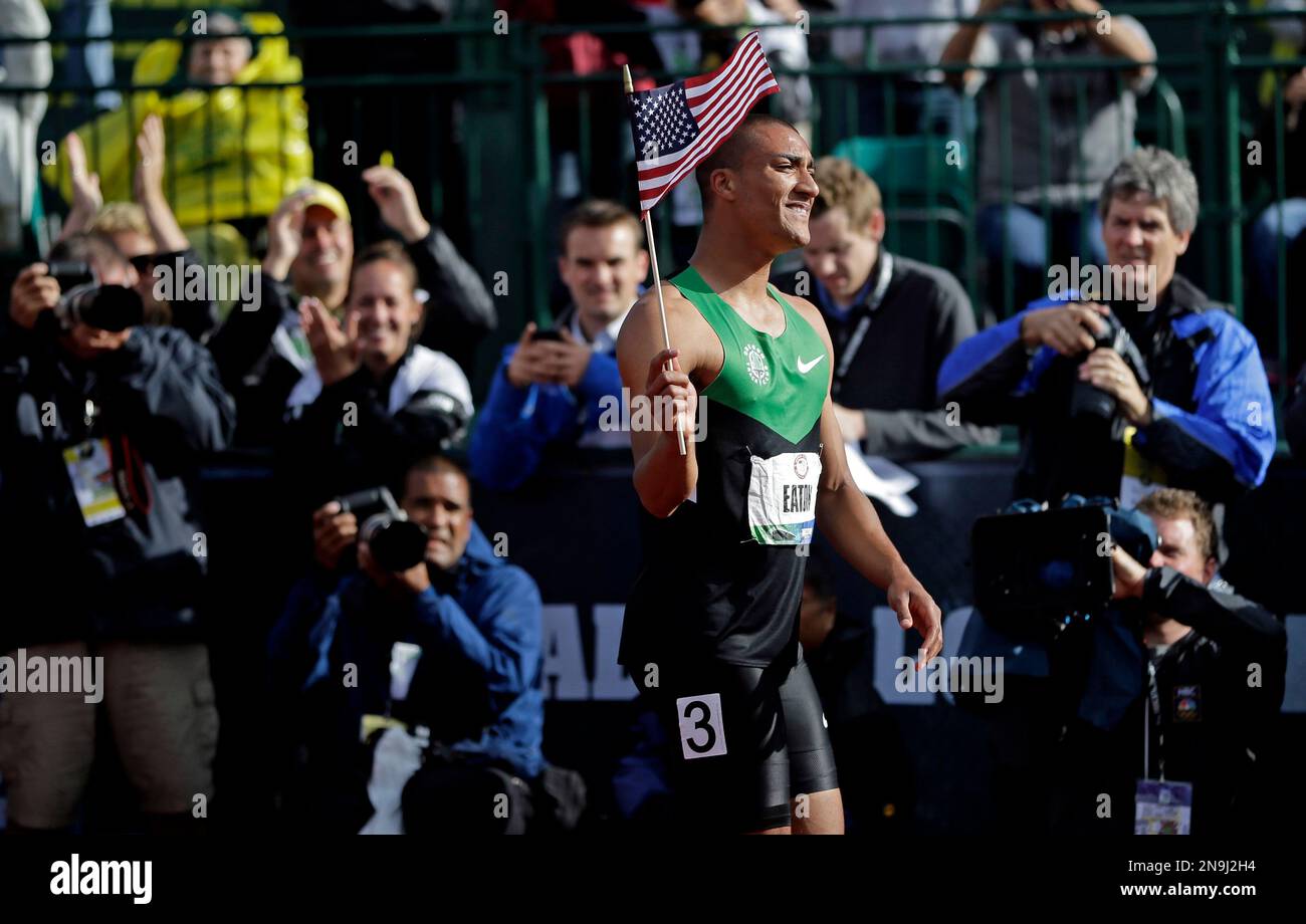 Ashton Eaton reacts after the 1500m during the decathlon competition at ...