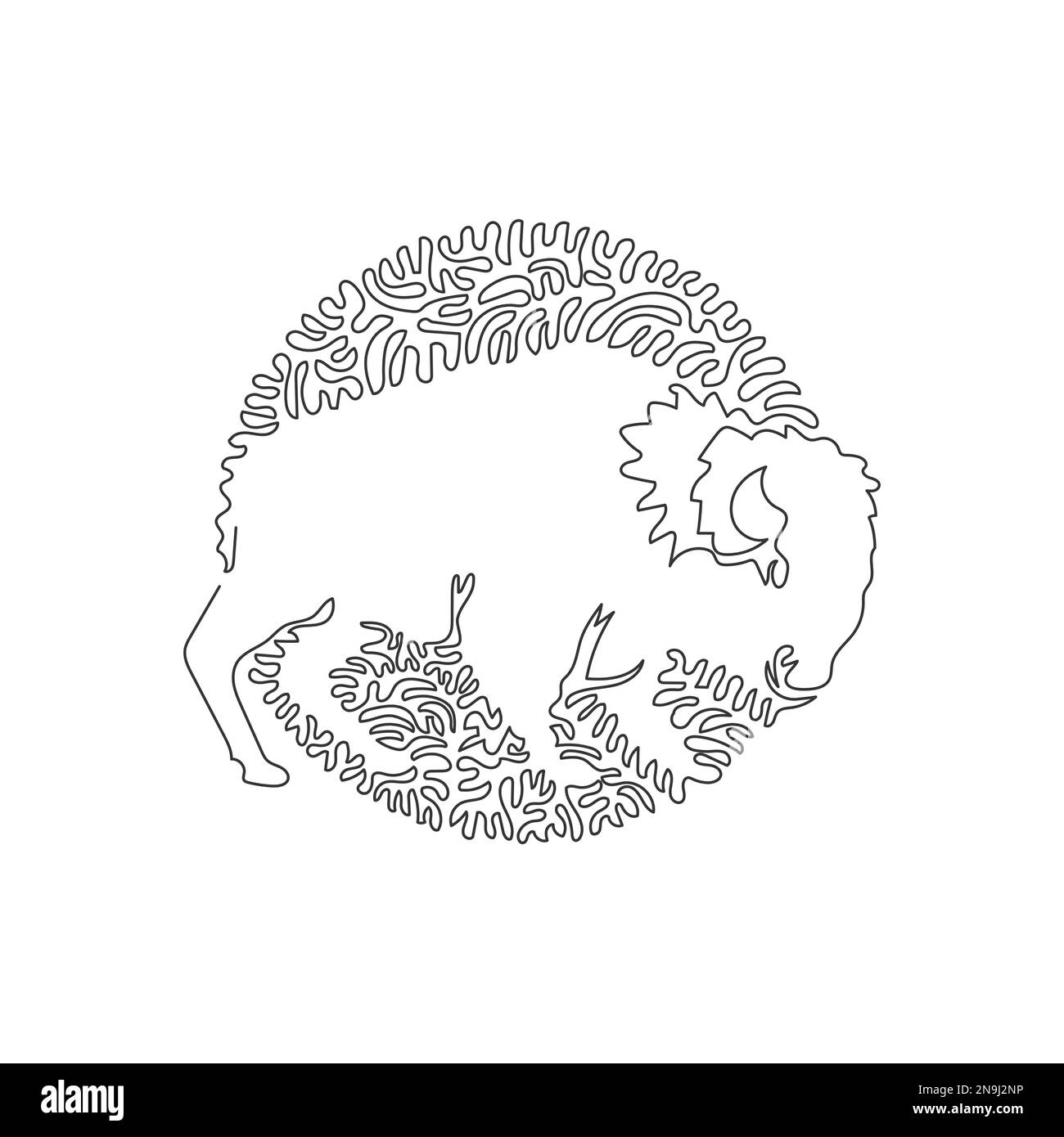 Continuous curve one line drawing of standing bison abstract art in circle. Single line editable ...