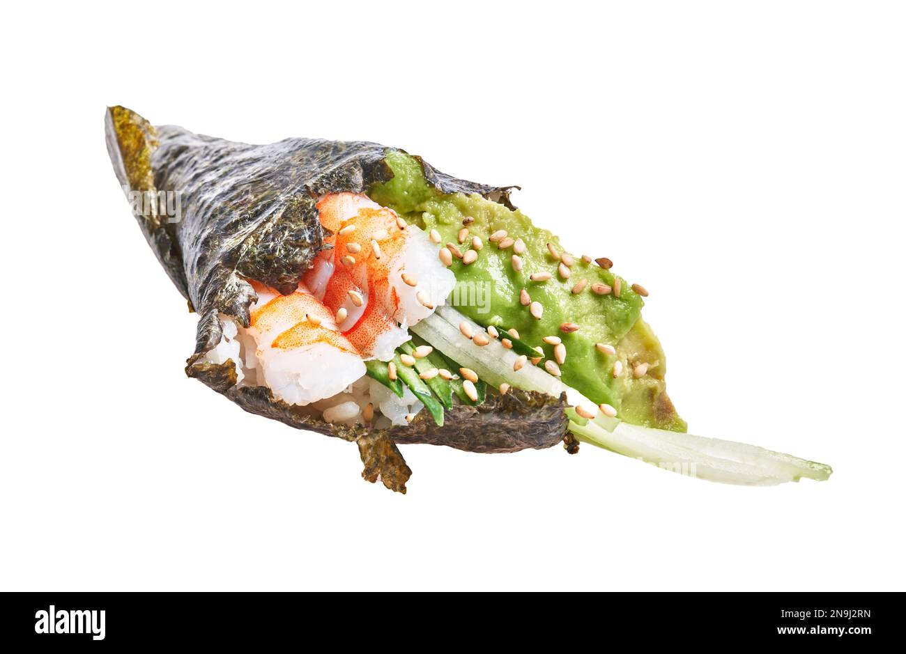 Single delicious prawn and avocado temaki sushi with sesame over ...