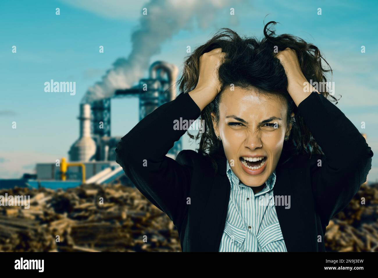 Angry frustrated businseswoman yelling furious about the pollution ...
