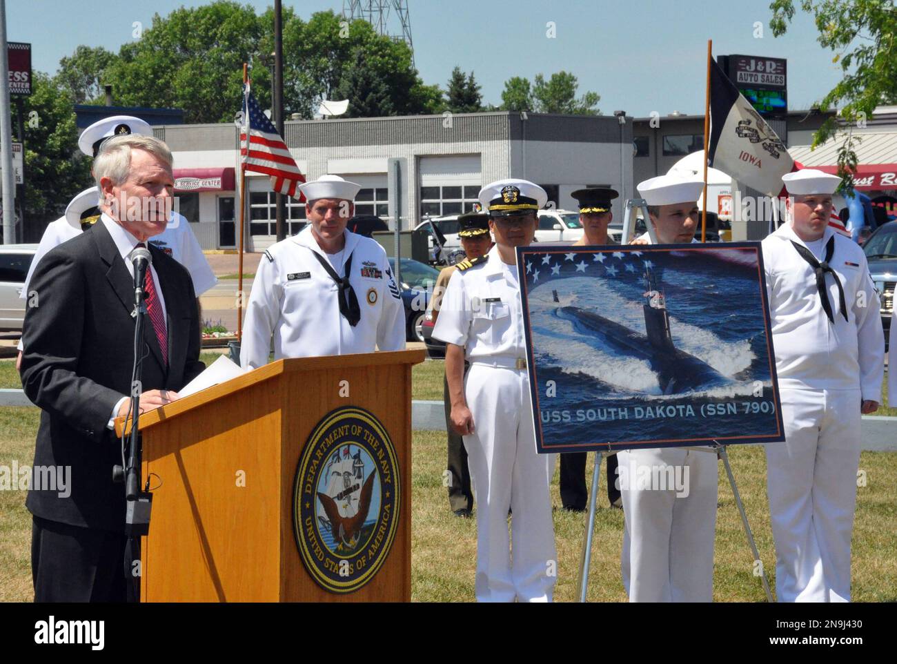 Secretary of the Navy Ray Mabus, left, speaks at a naming ceremony for ...