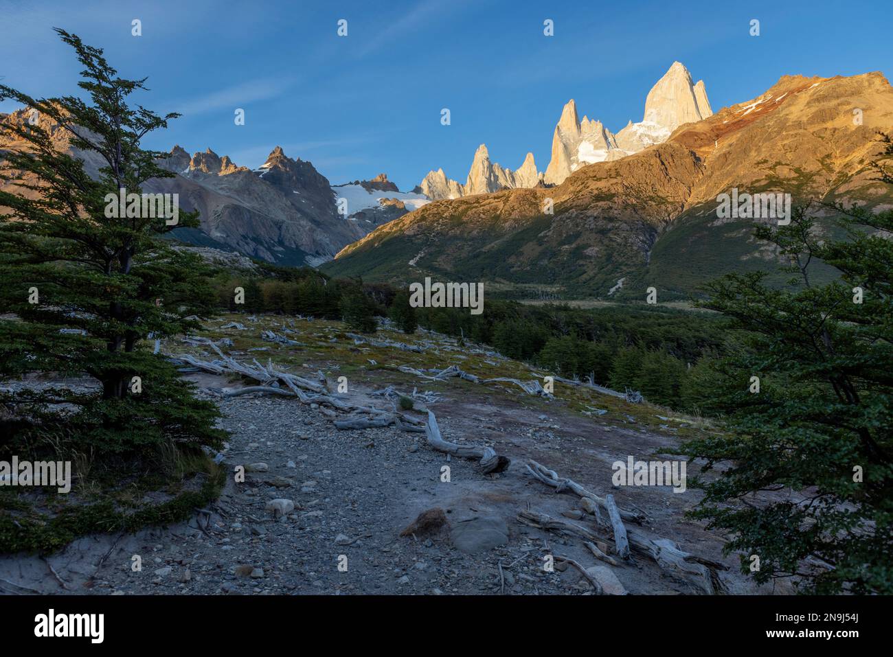 Picturesque mountain scenery in the first morning light while hiking to ...