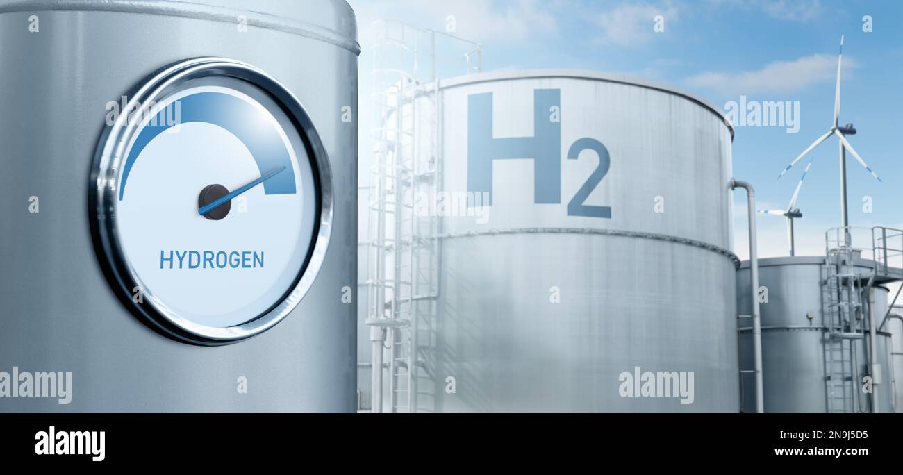 Hydrogen gauge on a background of gas tanks. Green hydrogen production ...
