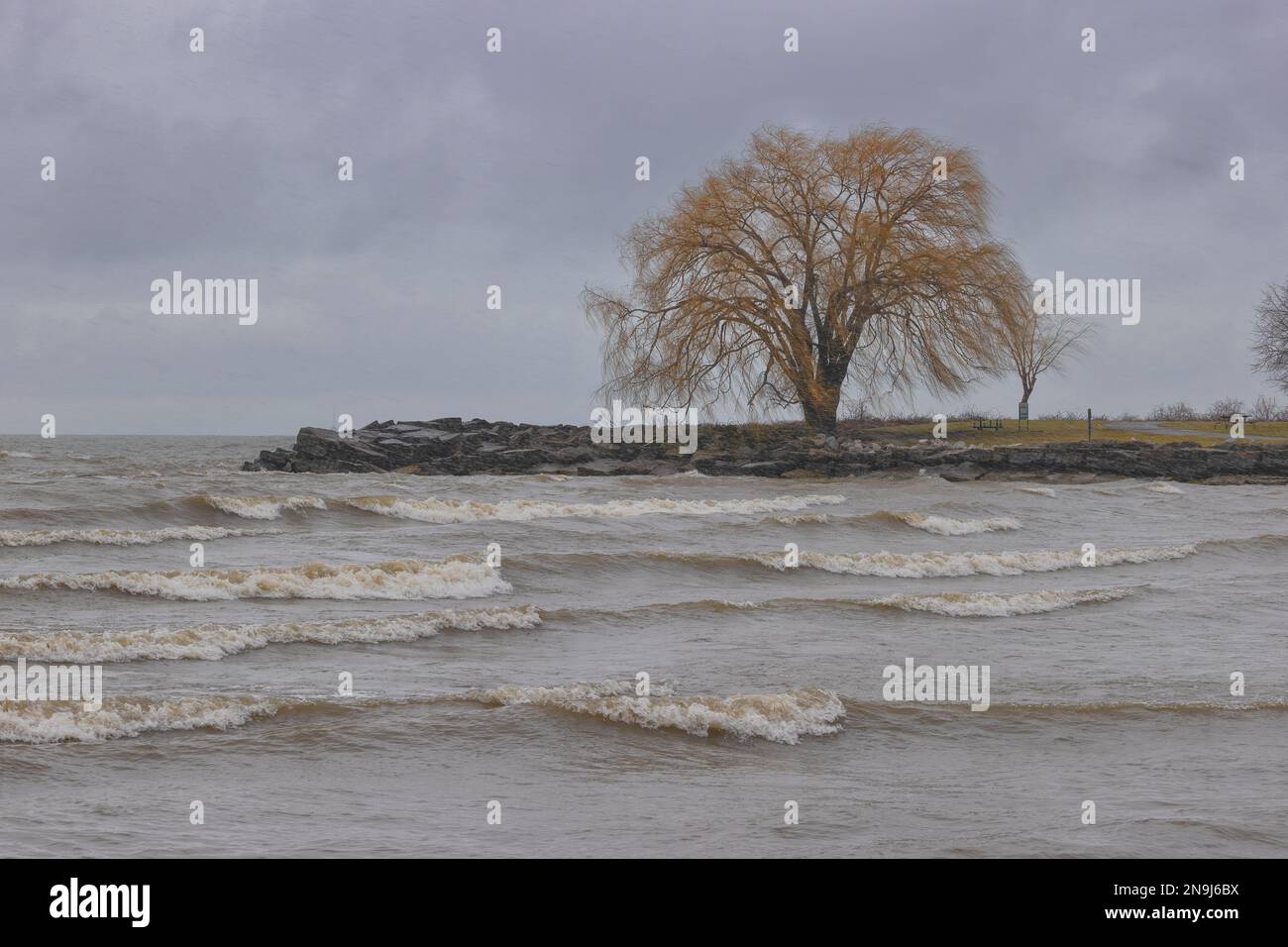 Lake Erie on a blustery winter day pushing waves ashore and flurries of ...