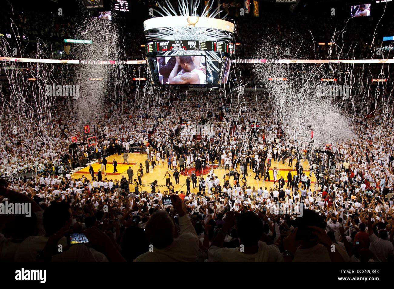 The Miami Heat celebrate after Game 5 of the NBA finals basketball ...