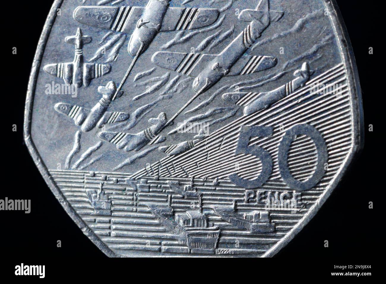 Reverse side of a 1994 50 fifty pence coin commemorating 50 years of ...