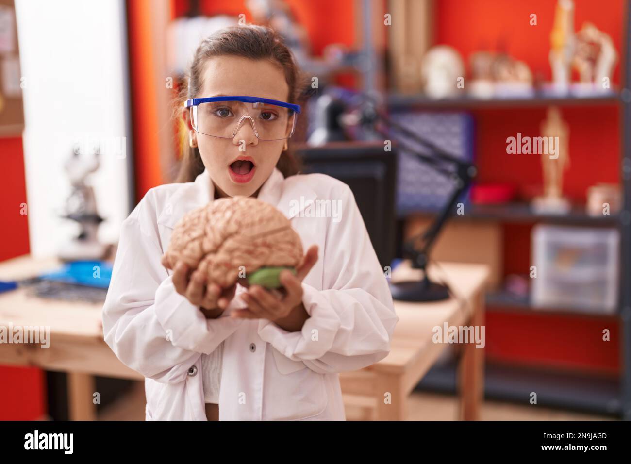 Little hispanic girl holding brain at science class at school afraid ...