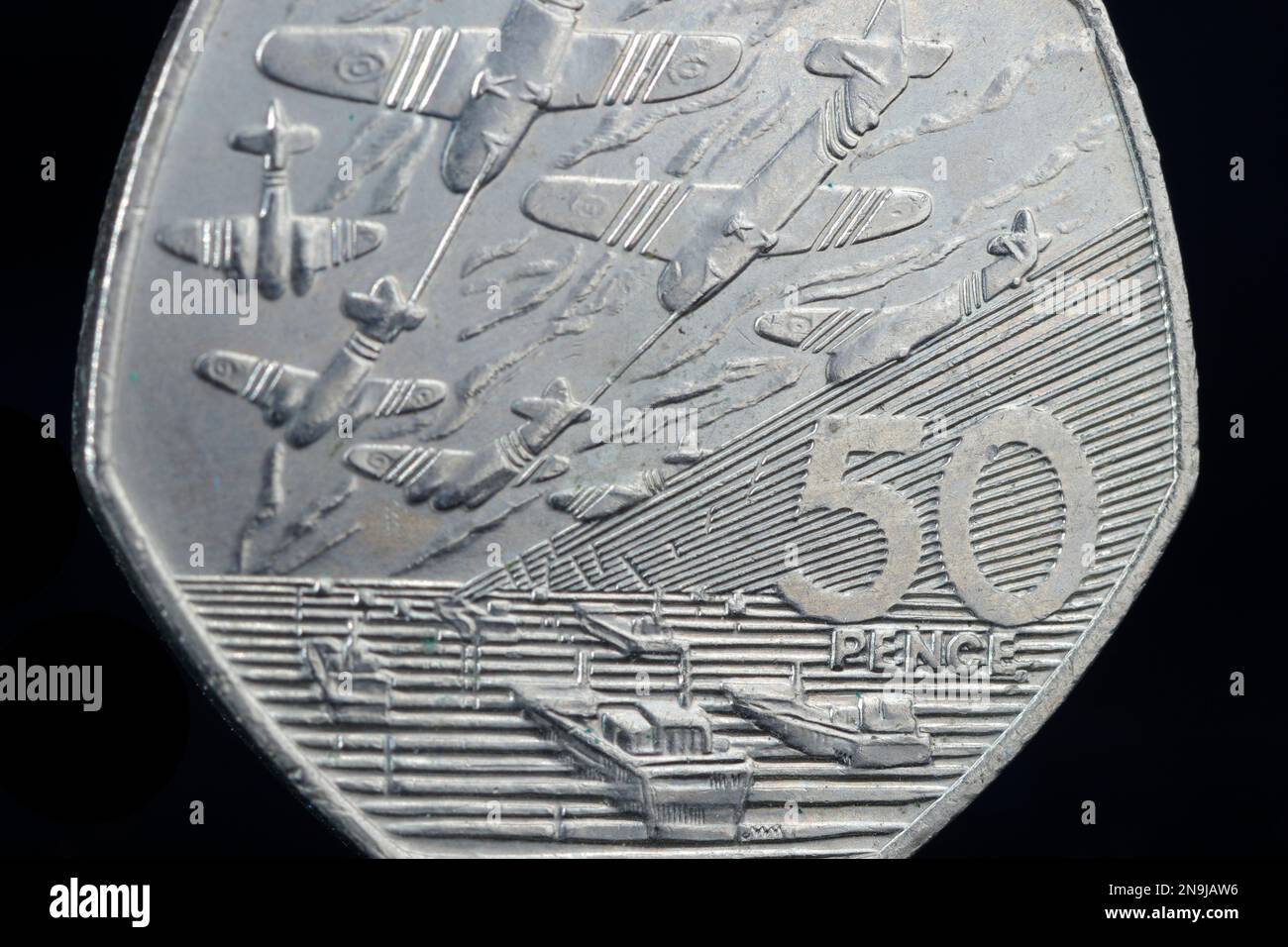 Reverse side of a 1994 50 fifty pence coin commemorating 50 years of ...