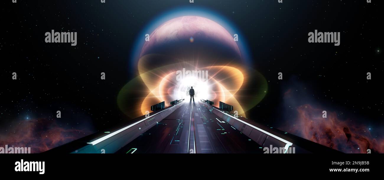 Dark abstract Sci Fi path with Outer Space and Planet in background ...