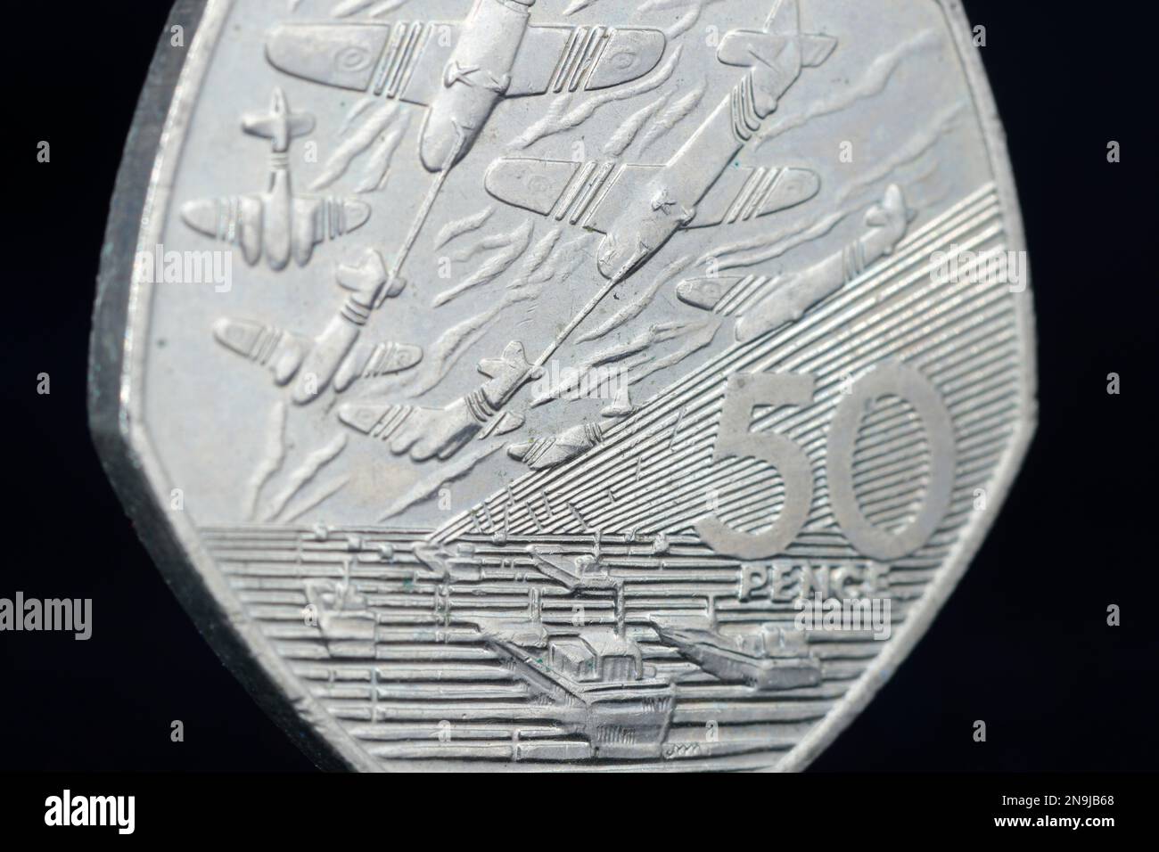 Reverse side of a 1994 50 fifty pence coin commemorating 50 years of ...