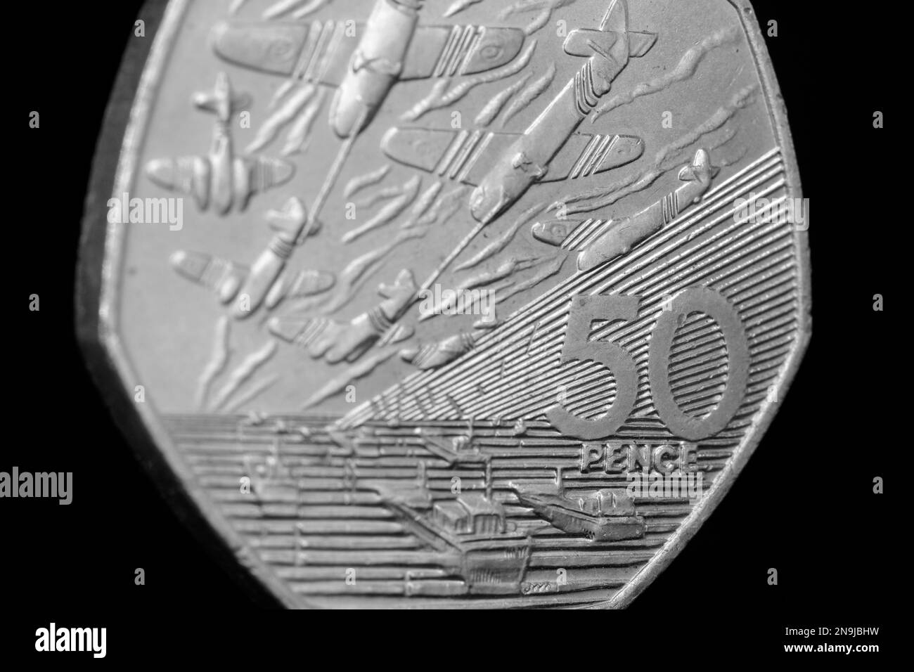 Reverse side of a 1994 50 fifty pence coin commemorating 50 years of ...
