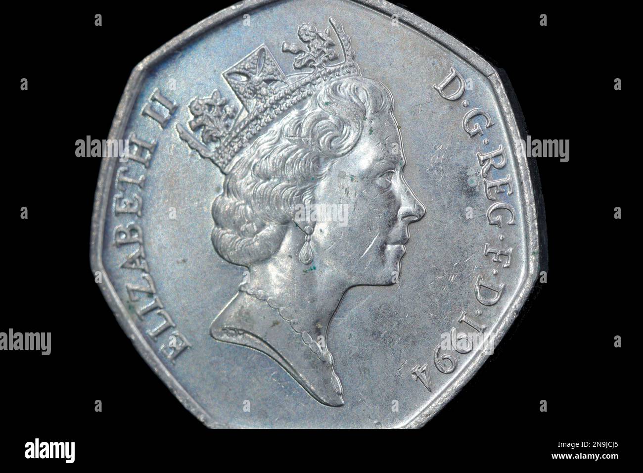 Obverse side of a 1994 50 pence coin featuring the 3rd Queen Elizabeth ...